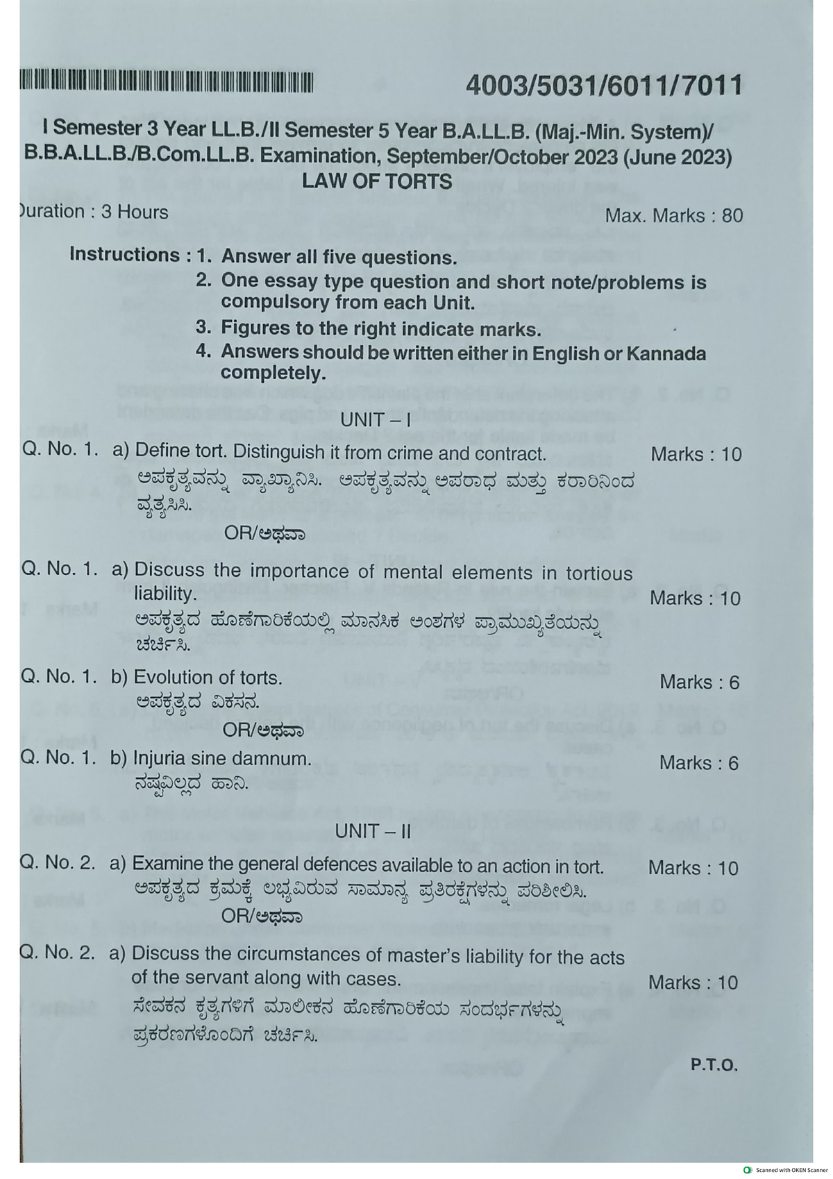 LLB 1St sem Law of Torts 2018-2023 KSLU question paper - I Semester 3 Year Semester 5 Year B.A ...