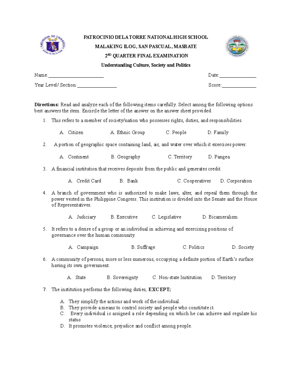 Final Exam - Grade 11 UCSP: Understanding Culture, Society, and ...