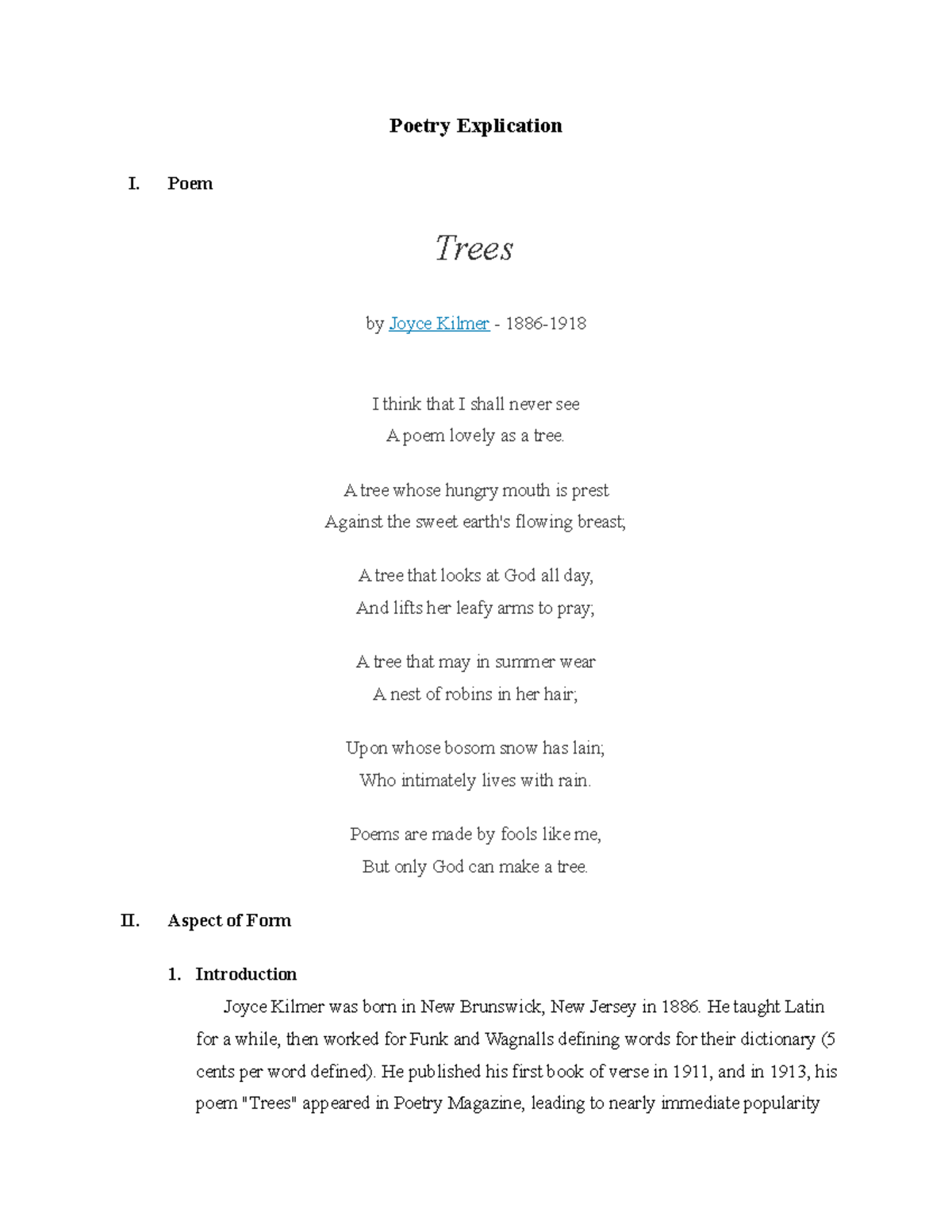 Poetry Explication - Analyzing "Trees" by Joyce Kilmer (ENG101) - Studocu