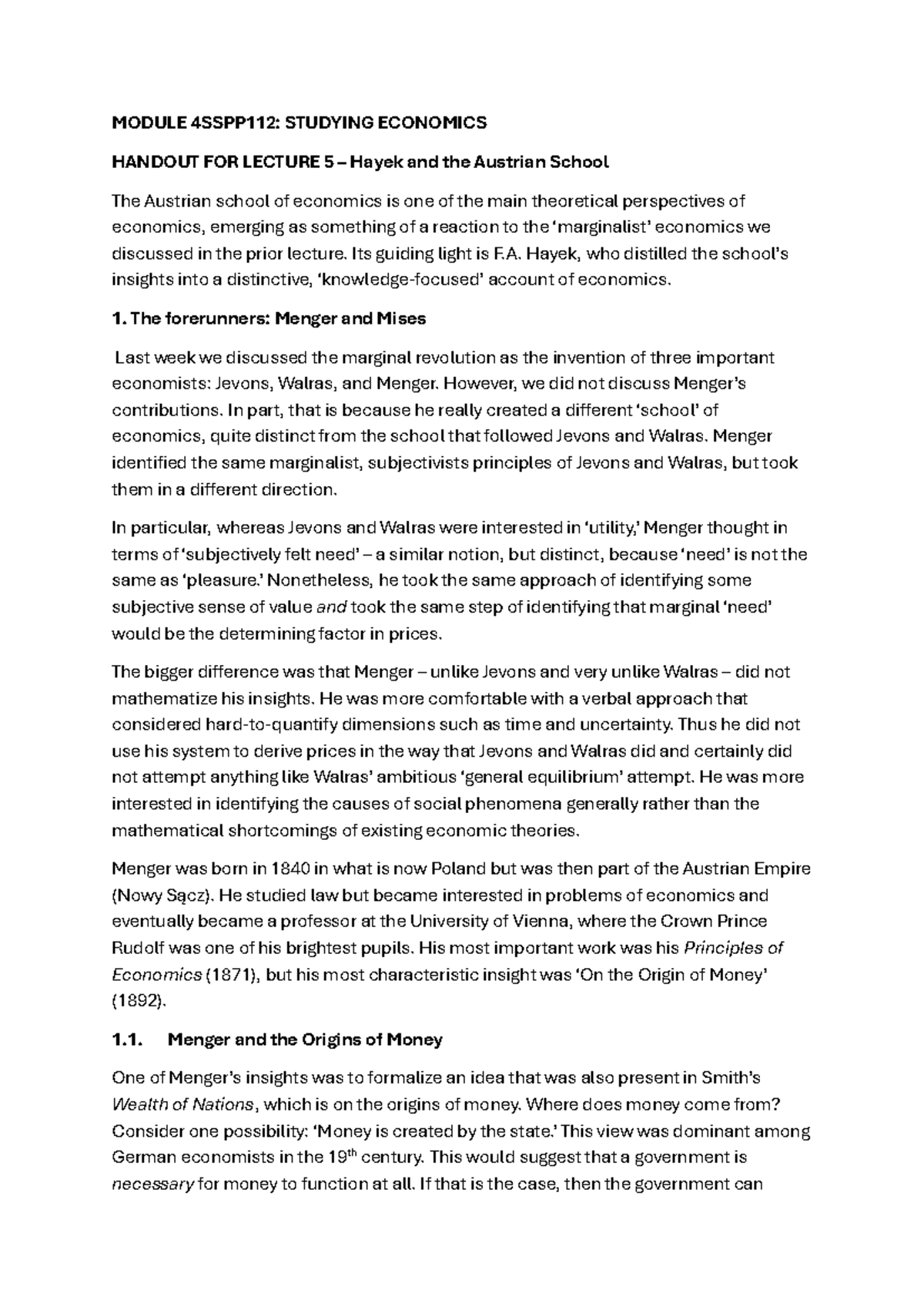 MODULE 4SSPP112: Hayek and the Austrian School Lecture Notes - Studocu