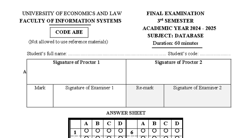 DATABASE FINAL EXAM ABE 2024-2025 SEM 3 - UNIVERSITY OF ECONOMICS - Studocu