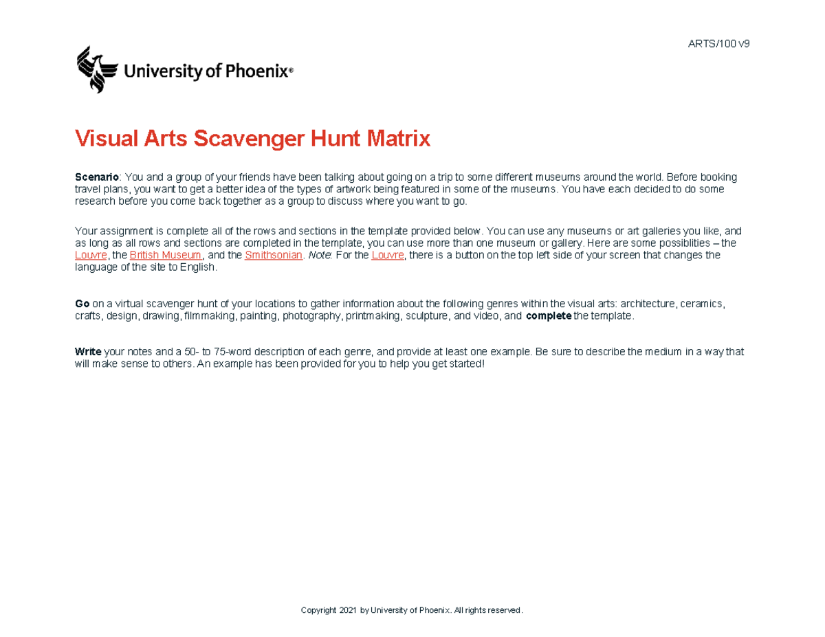 ARTS100 v9 Wk2 Visual Arts Scavenger Hunt Matrix Assignment - Studocu