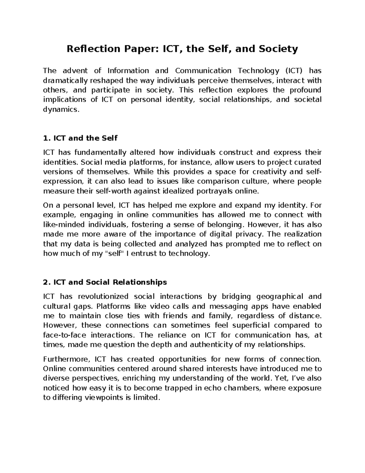 Reflection Paper: ICT's Impact on Self and Society Dynamics - Studocu