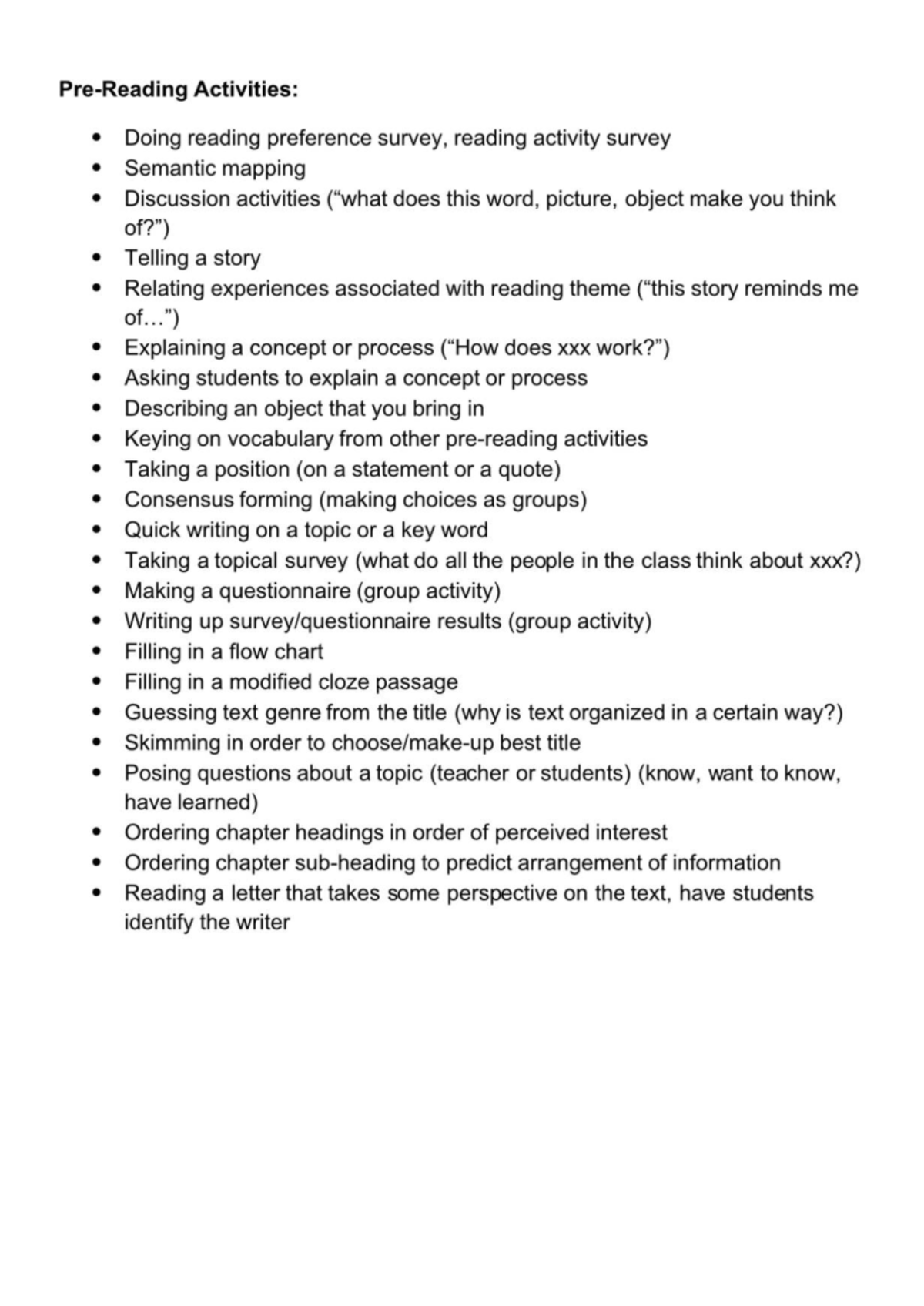 Activities for Pre, While, and Post Reading Strategies - Studocu