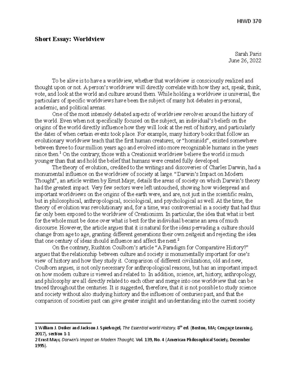 Short Essay- Worldview Assignment - HIWD 370 Short Essay: Worldview ...
