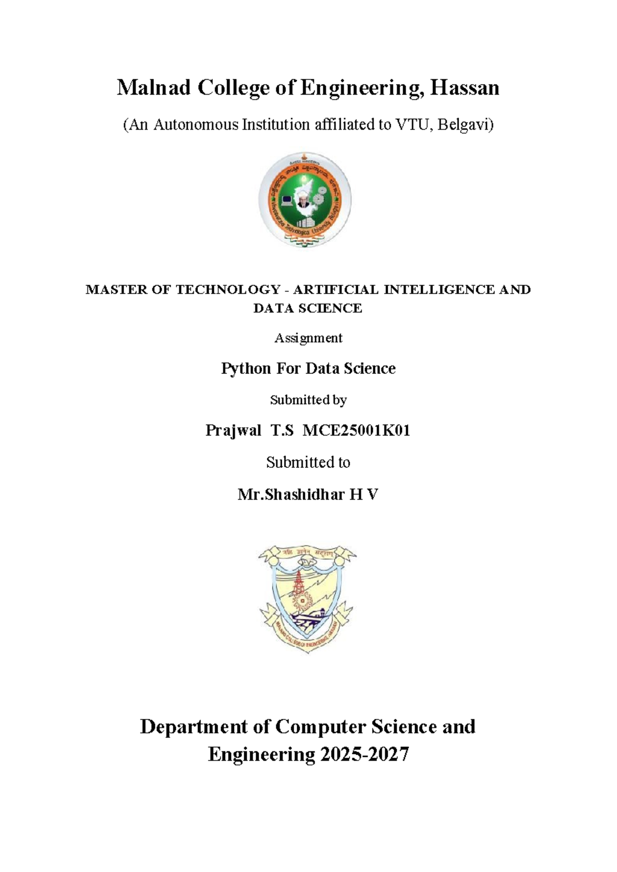 MCE25001K01: Python for Data Science Assignment on Database Design - Studocu