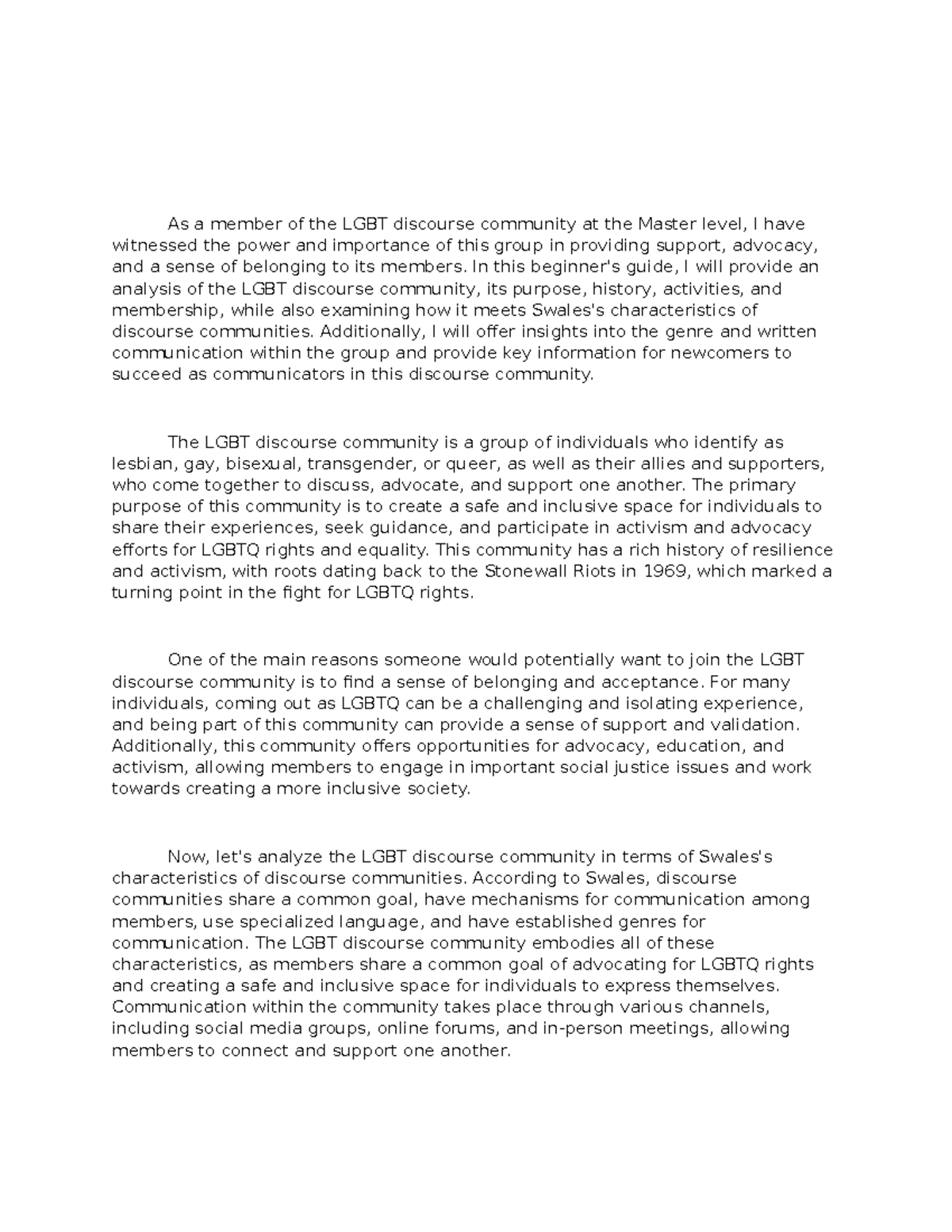 Analysis of the LGBT Discourse Community at the Master's Level - Studocu