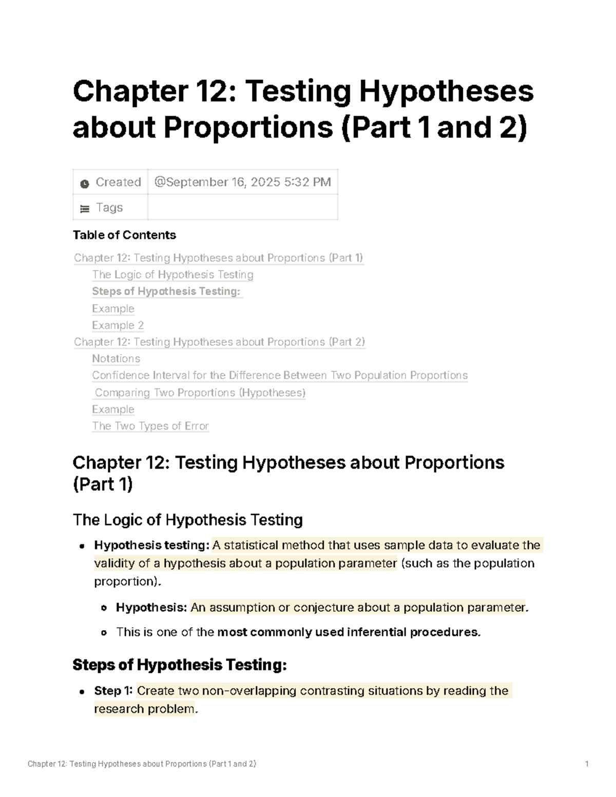 Chapter 12: Hypothesis Testing for Proportions (Parts 1 & 2) - Studocu