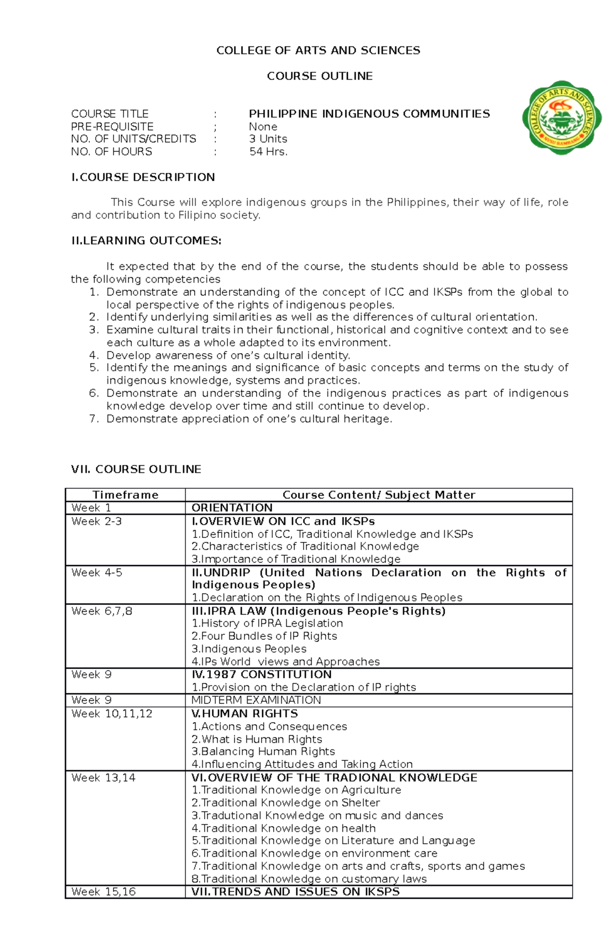 PHILIPPINE INDIGENOUS COMMUNITIES Course Outline and Learning Outcomes ...