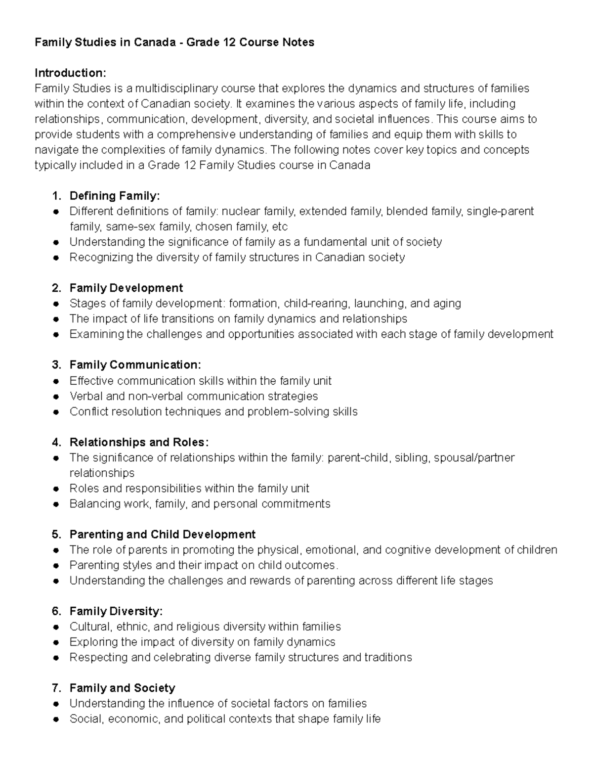 Grade 12 Family Studies - Comprehensive Course Notes on Canadian ...