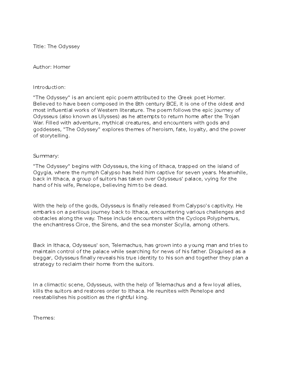 ENG 101: The Odyssey - Comprehensive Book Report and Analysis - Studocu