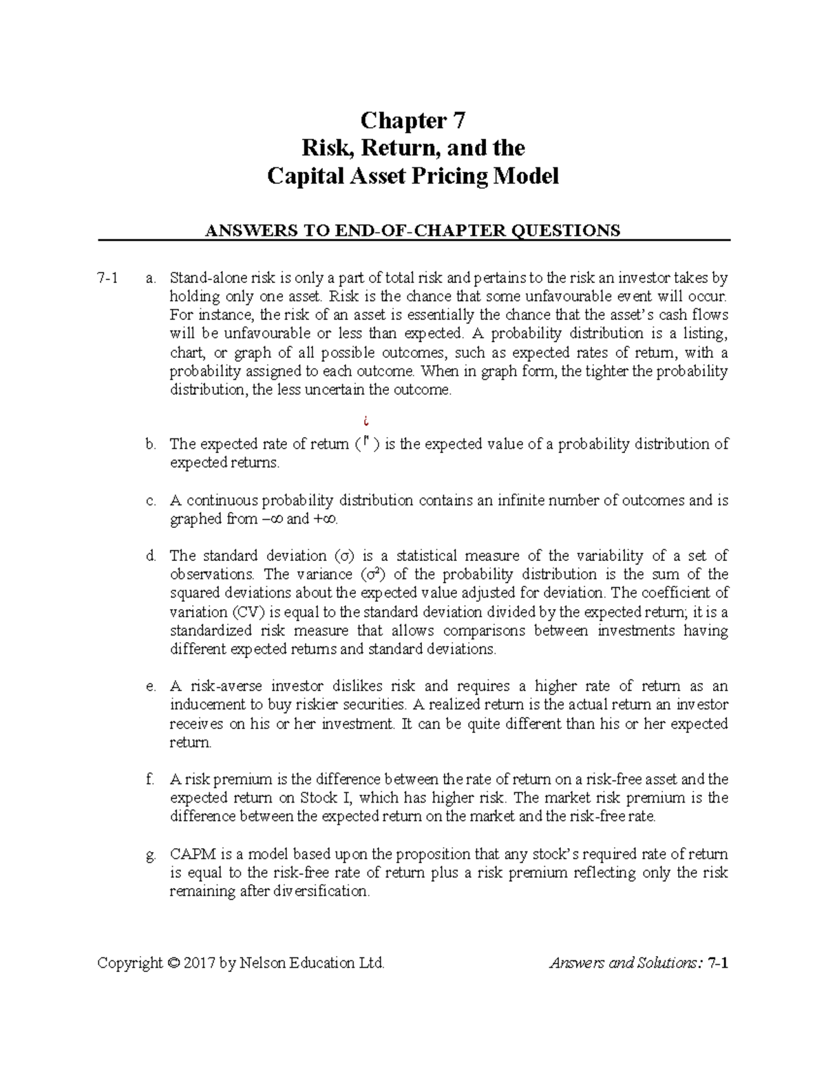 Chapter 7: Risk, Return, and CAPM - Answers & Solutions (FIN 101) - Studocu