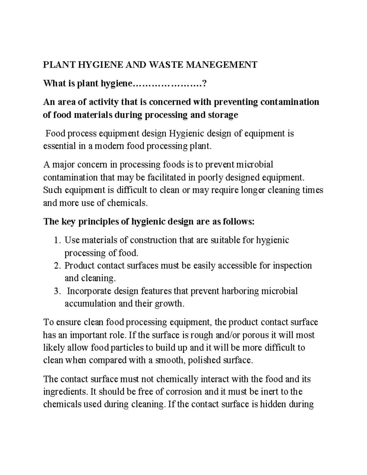 PLANT HYGIENE AND WASTE MANAGEMENT: Key Principles and Practices - Studocu