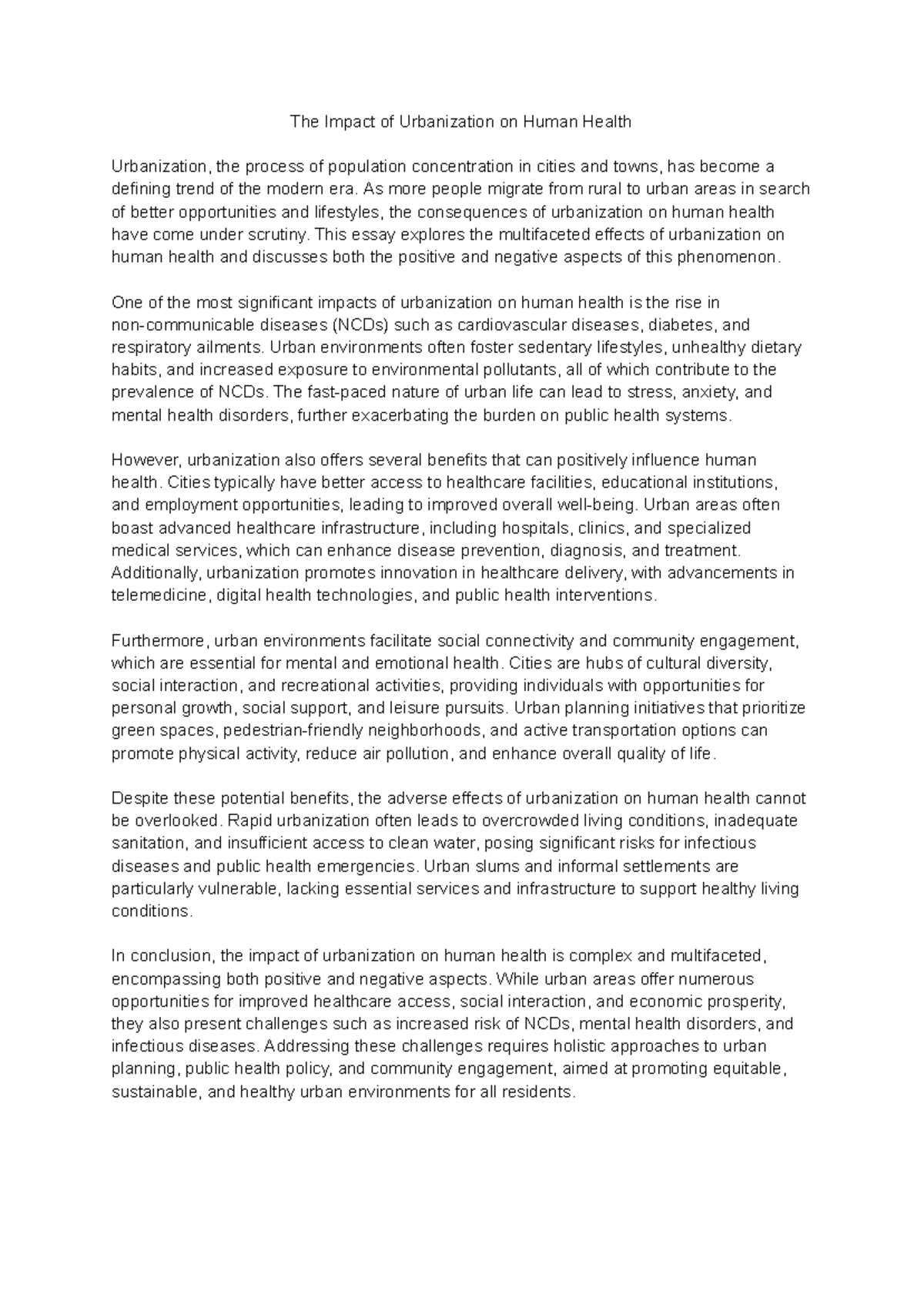 The Impact of Urbanization on Human Health: An Essay Analysis - Studocu
