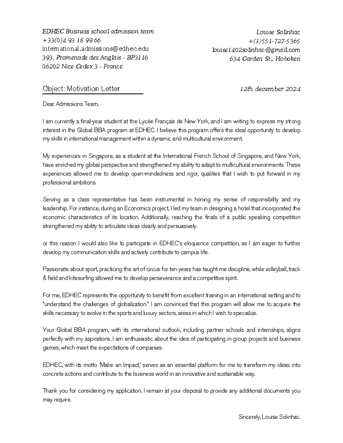 EDHEC Global BBA Motivation Letter - Louise Solinhac - Studocu