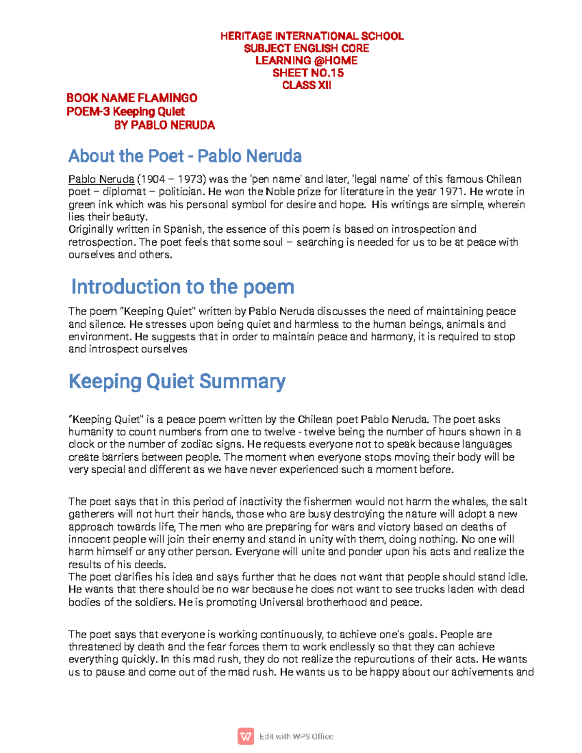 Keeping Quiet: Analysis of Pablo Neruda's Poem - Class XII - Studocu