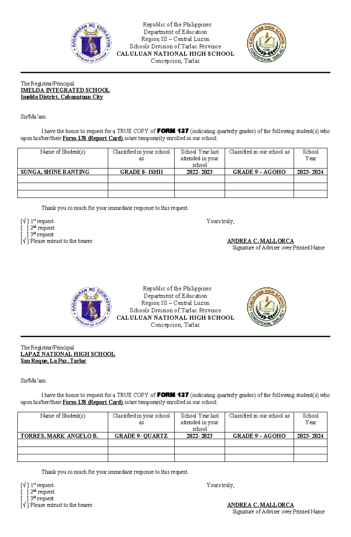 Request for TRUE COPY of FORM 137 for Student Enrollment - Studocu