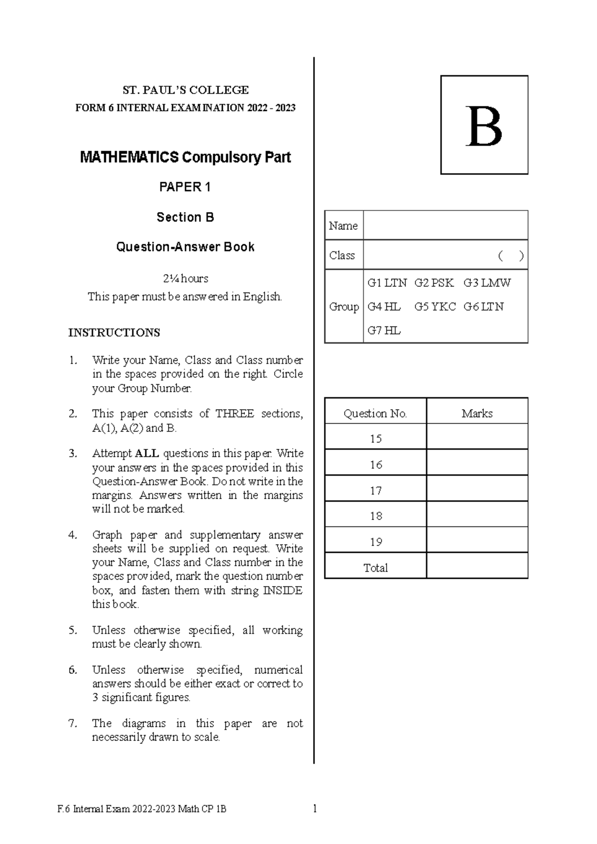 F.6 Internal Exam Mathematics 2022-2023 Paper 1 Section B - Studocu