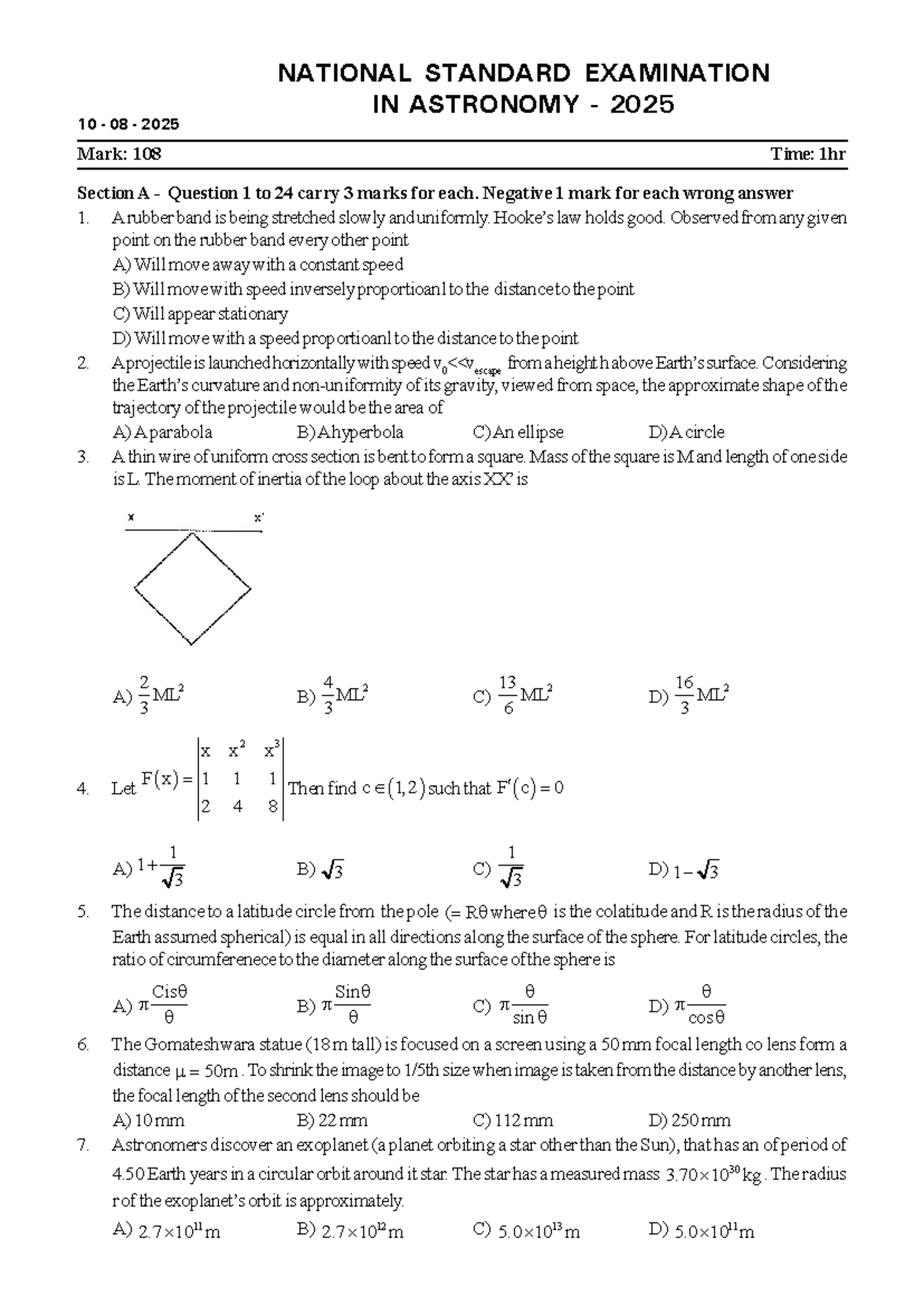 NSEA 2025 National Standard Exam in Astronomy - Answer Key - Studocu