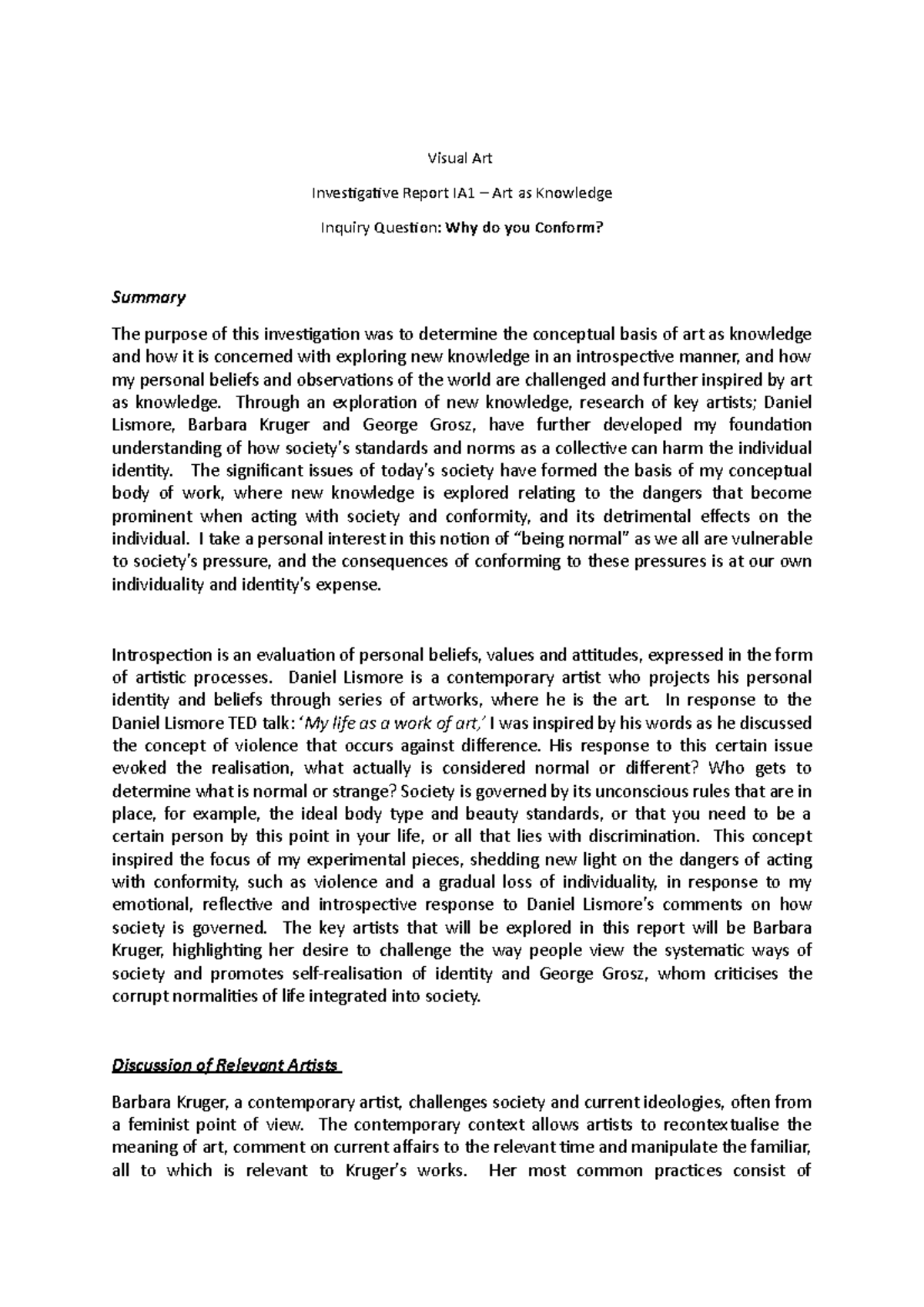 Visual Art - IA1 - Conformity and Individuality in Modern Society - Studocu