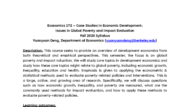 Economics 172 Fall 2025 Syllabus: Case Studies in Global Poverty - Studocu