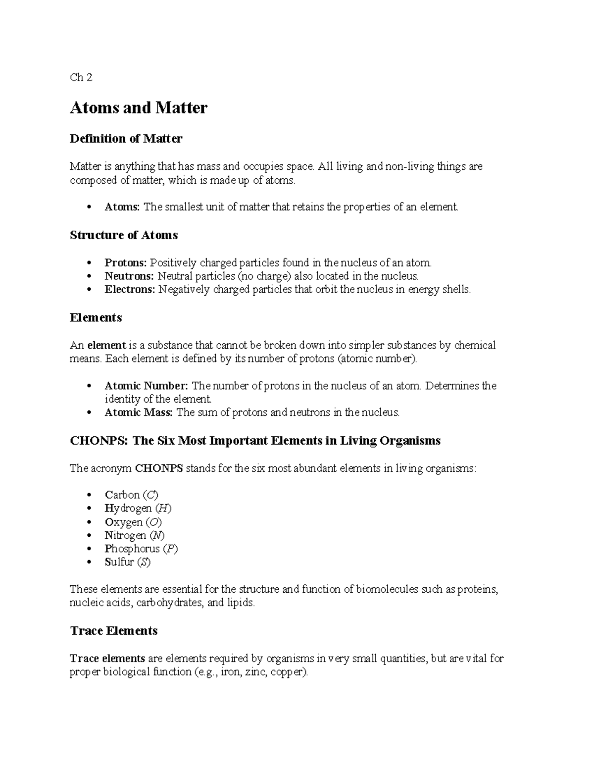 Ch 2 Study Guide: Atoms and Matter in BIO 111 - Studocu