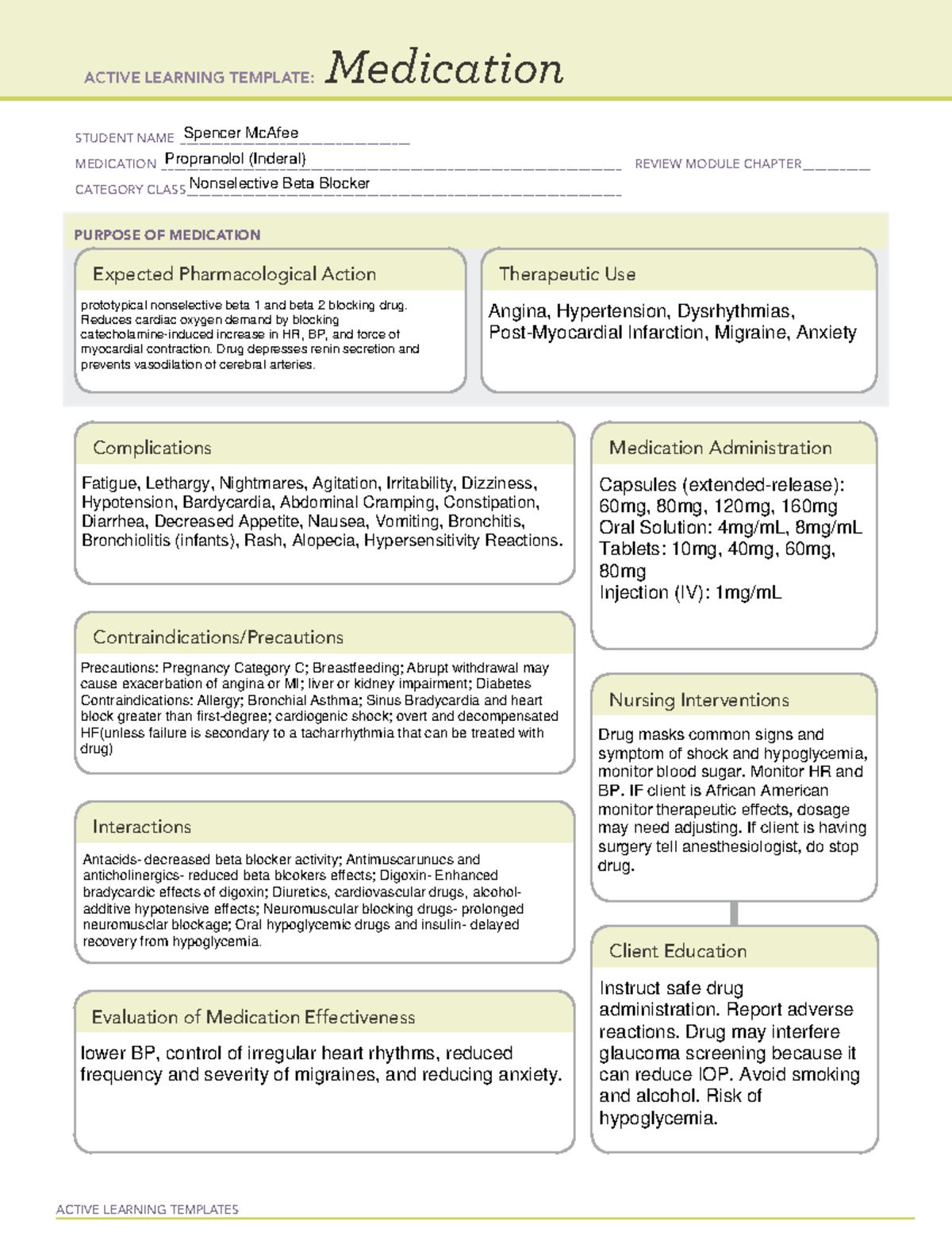 Propranolol (Inderal) Med Card: Active Learning Template - Studocu