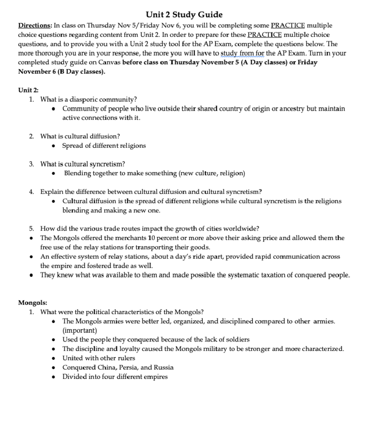 Mongols page one - Unit 2 Study Guide Directions: In class on Thursday ...
