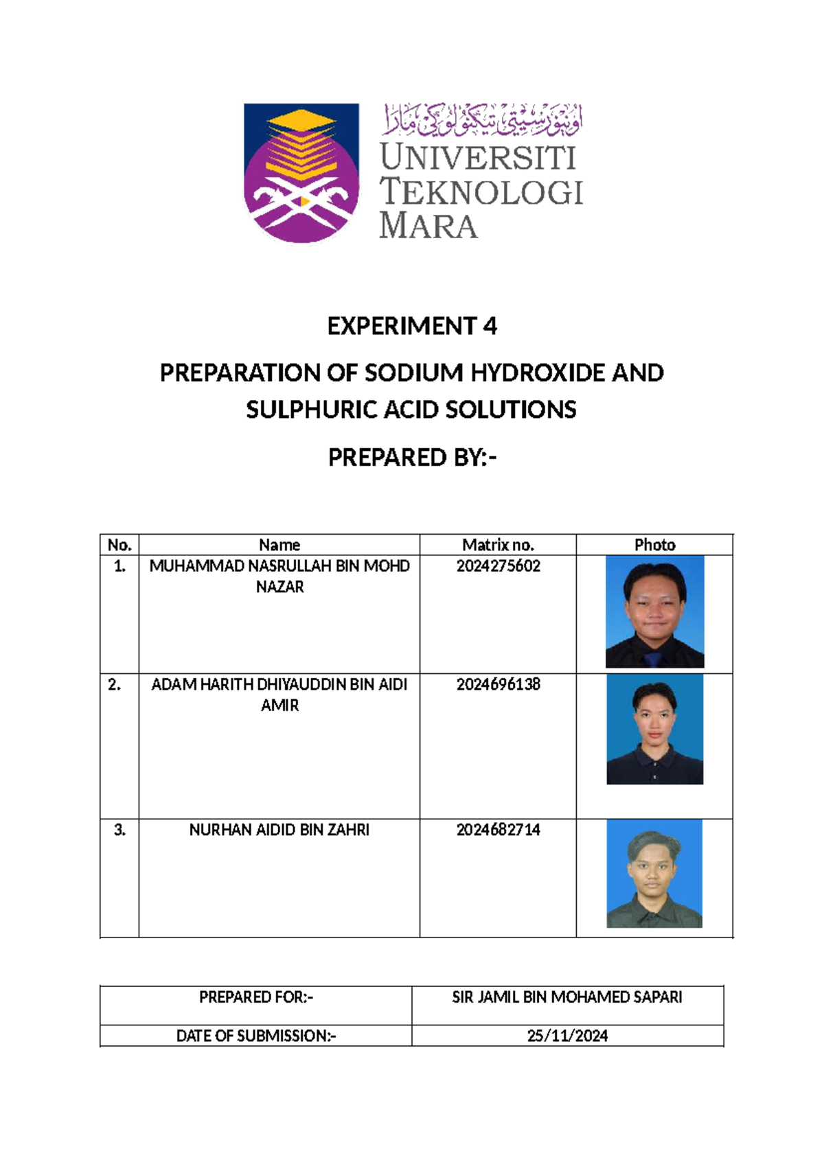 Lab Report 4: Preparation of NaOH and H2SO4 Solutions - Studocu