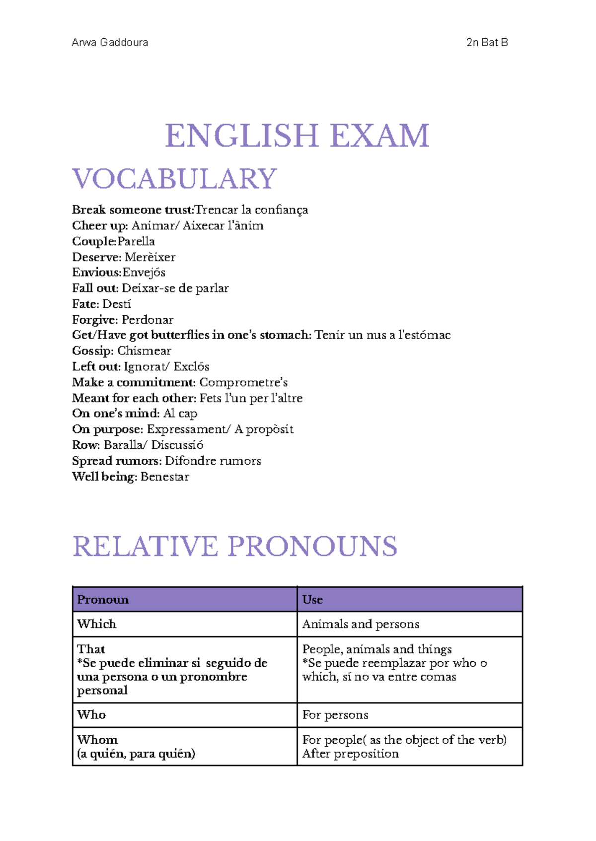 2n Bat B English Exam Vocabulary & Relative Pronouns Guide - Studocu