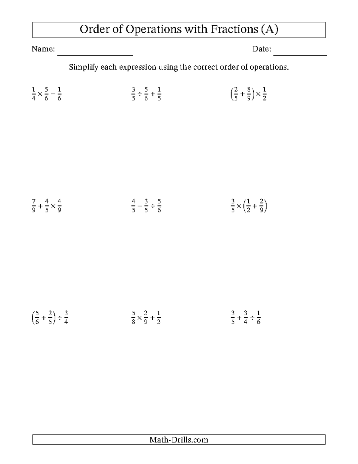 Order of Operations with Fractions: PEMDAS Practice (A) - Studocu