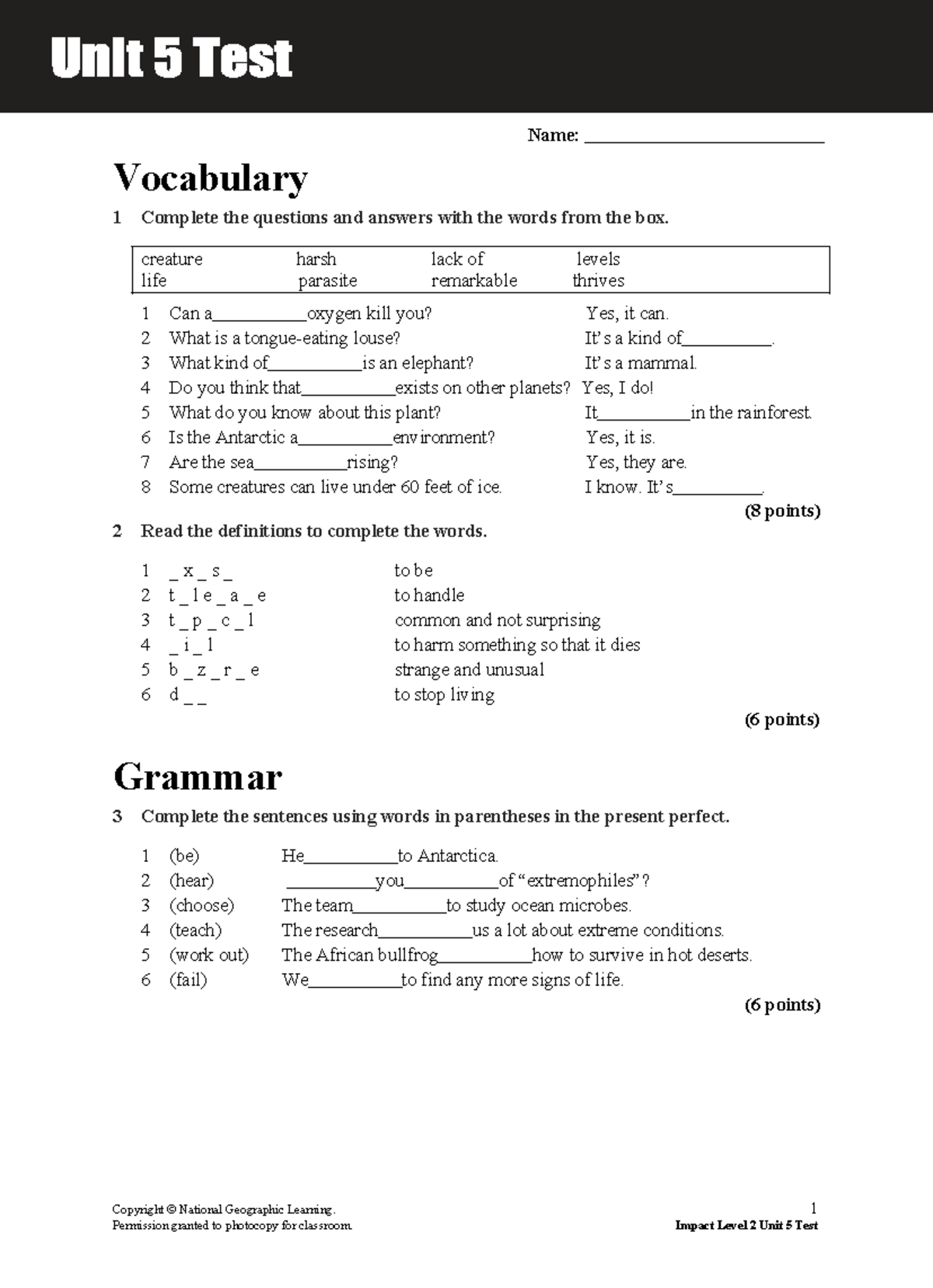 Impact Level 2 Unit 5 Vocabulary & Grammar Test - Studocu