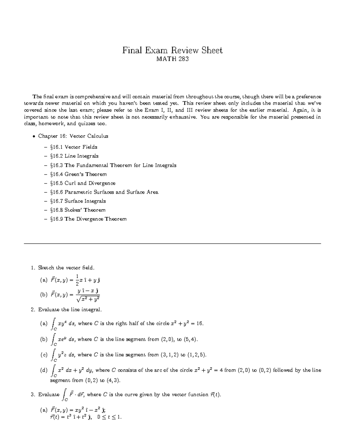 Final Exam Review Sheet for MATH 283: Vector Calculus Concepts - Final ...