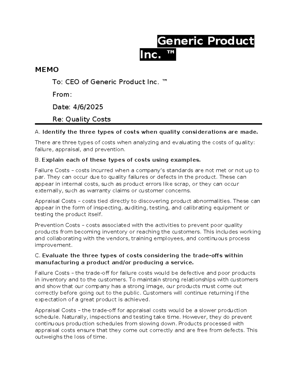 QHT1 - Quality Costs Analysis Memo: Failure, Appraisal, and Prevention ...