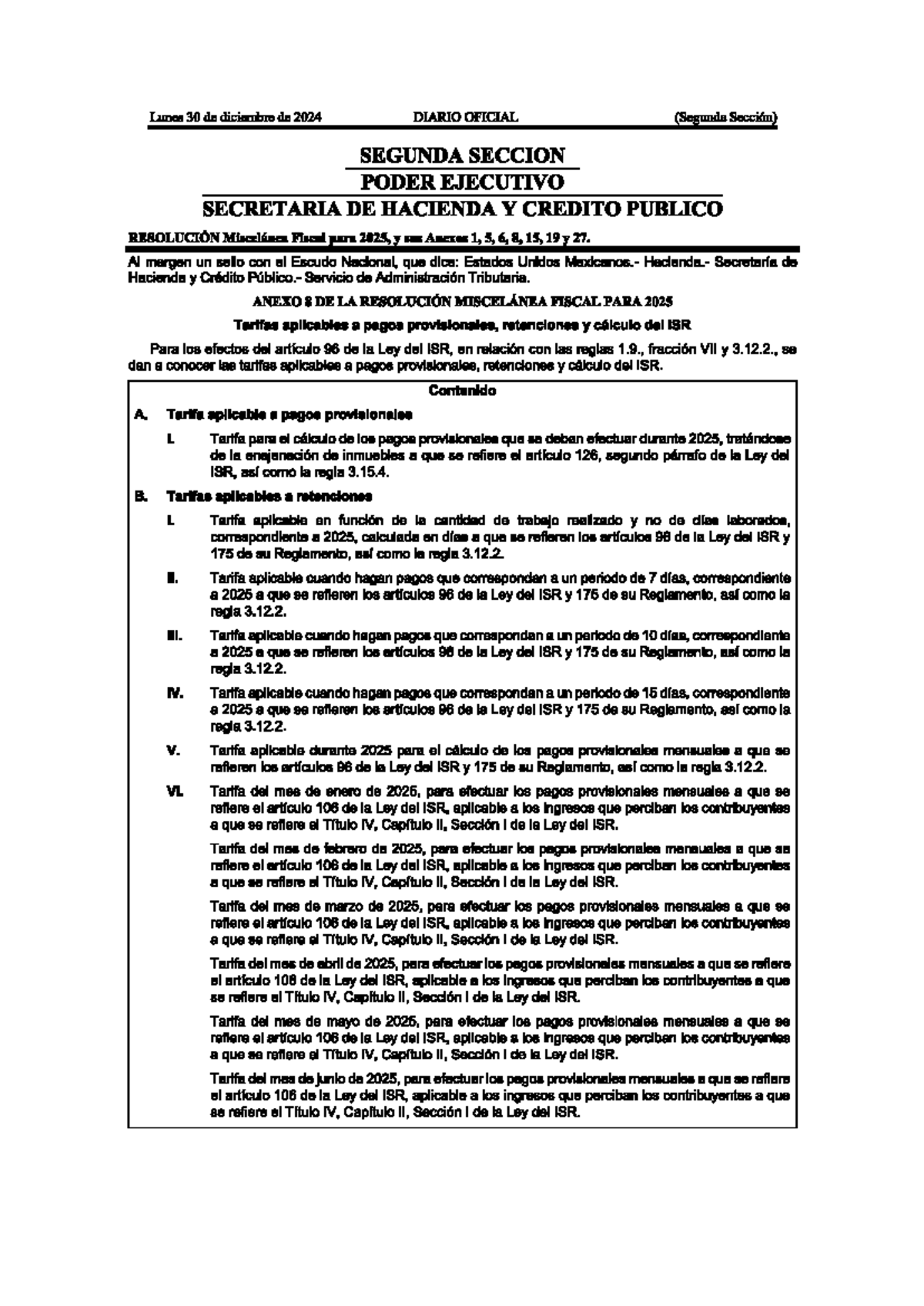 Anexo 8 de la RMF 2025: Tarifas de ISR y Retenciones - Studocu