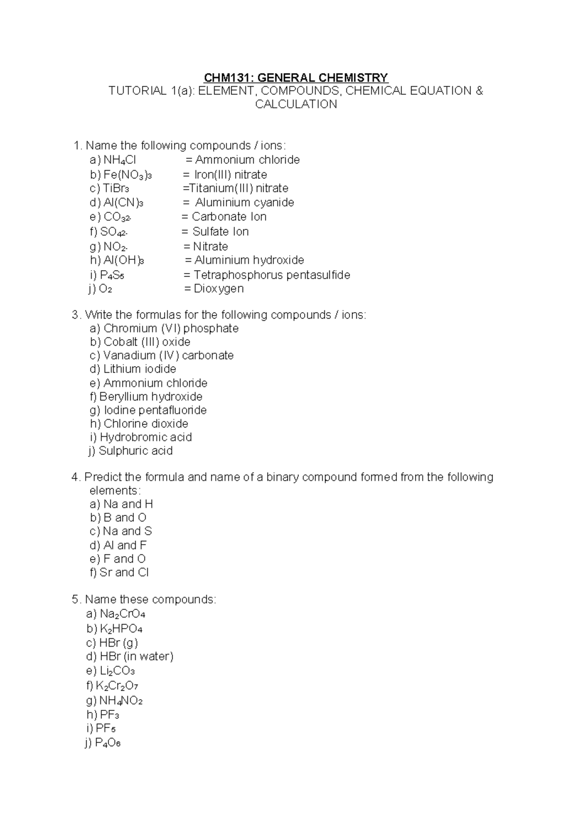 Tutorial Chapter 1A - CHM131: GENERAL CHEMISTRY TUTORIAL 1(a): ELEMENT ...