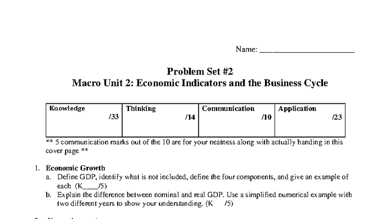 Unit 2 Problem Set: Economic Indicators & Business Cycle (Macro) - Studocu