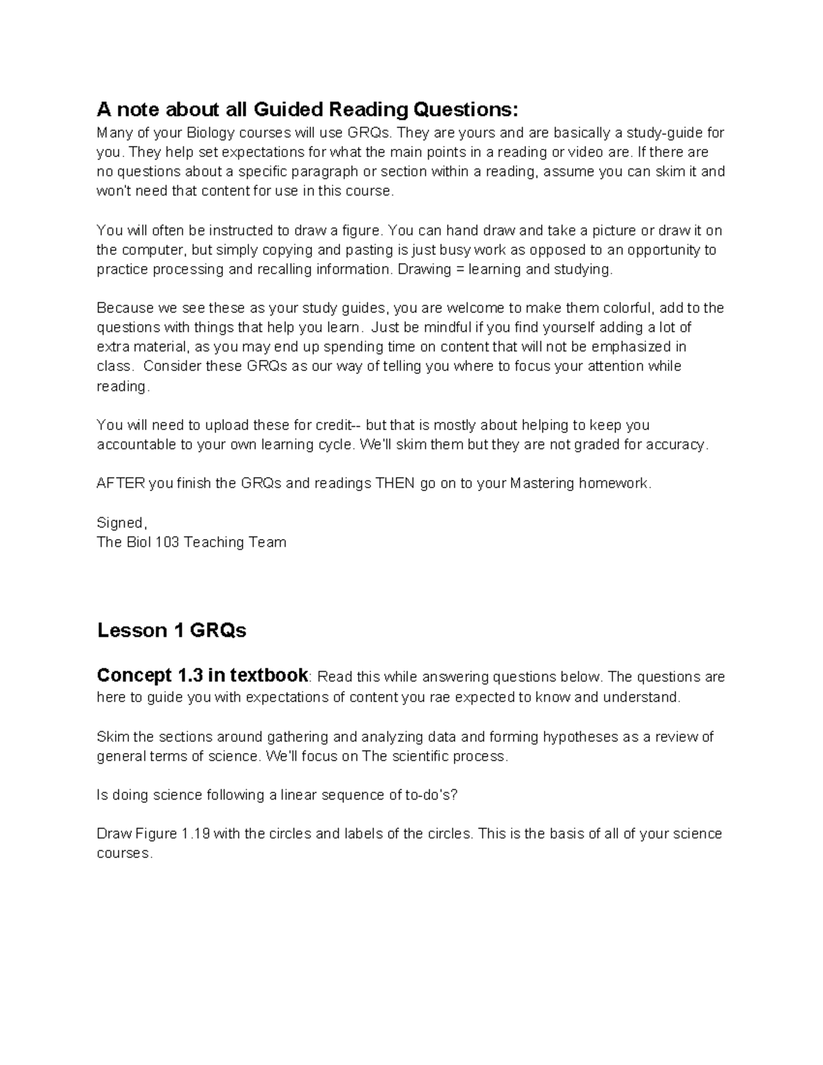 Biol 103 Lesson 1 Guided Reading Questions (GRQs) Overview - Studocu