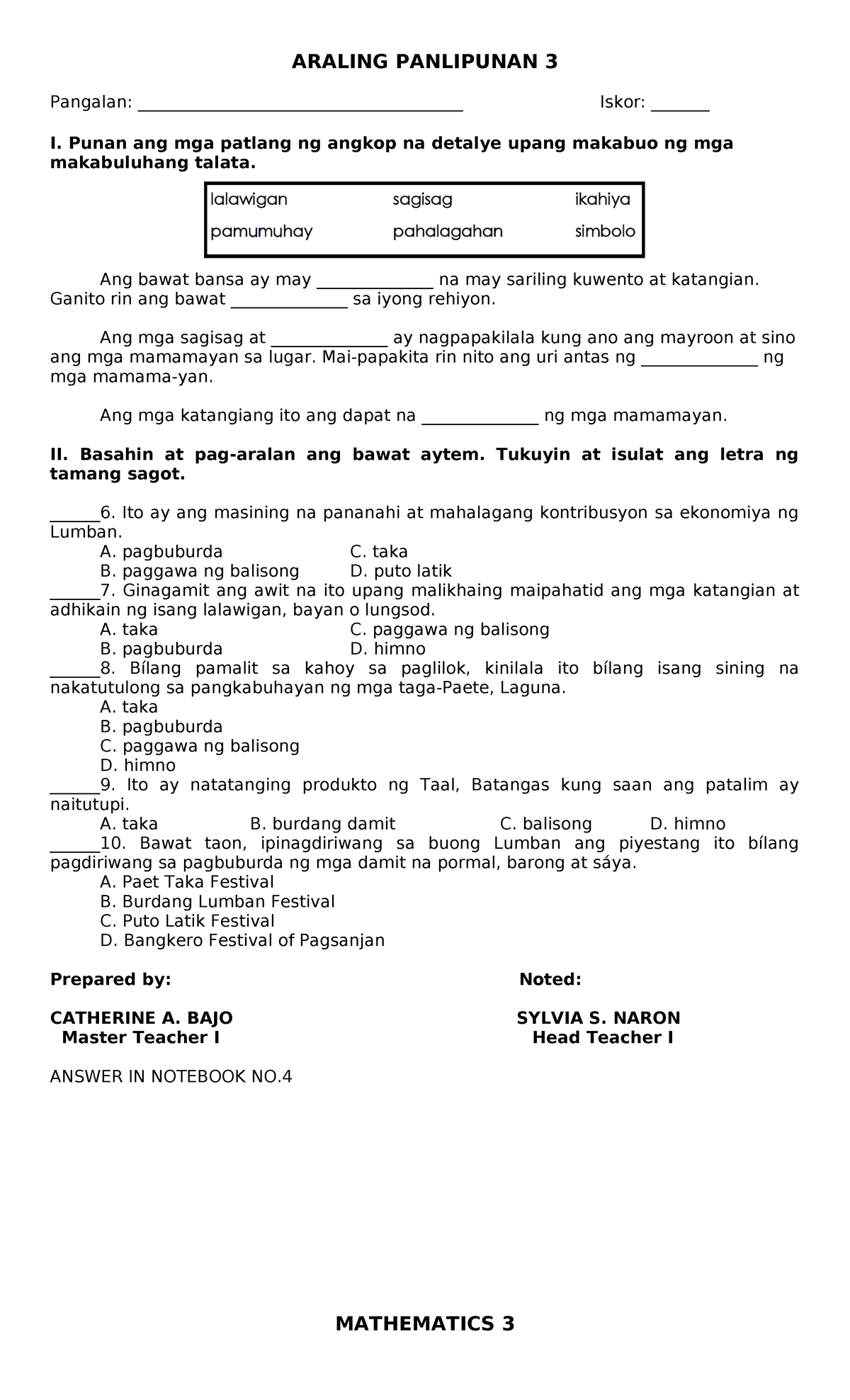 Grade 3 Activity Sheets - Comprehensive Exercises for Math, English ...