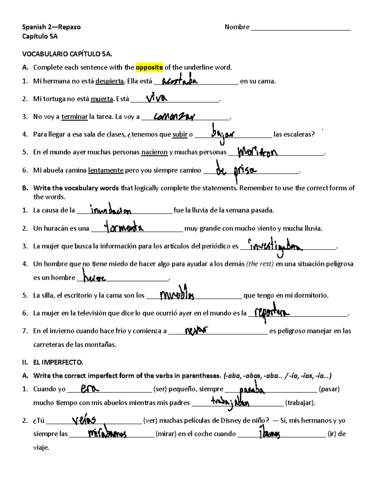 Sp2 Cap5A Repaso - Vocab notes - Spanish 2—Repaso Nombre ...