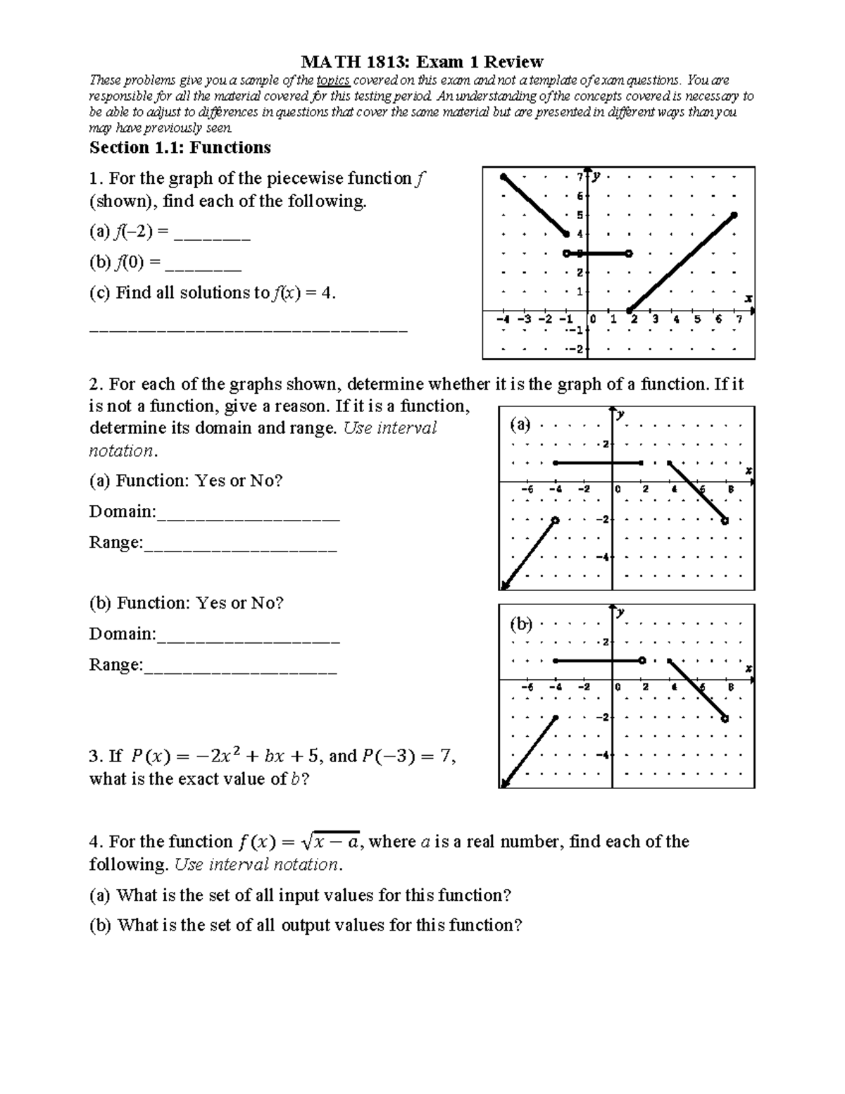 MATH 1813: Exam 1 Review - Key Concepts in Graphs & Functions - Studocu
