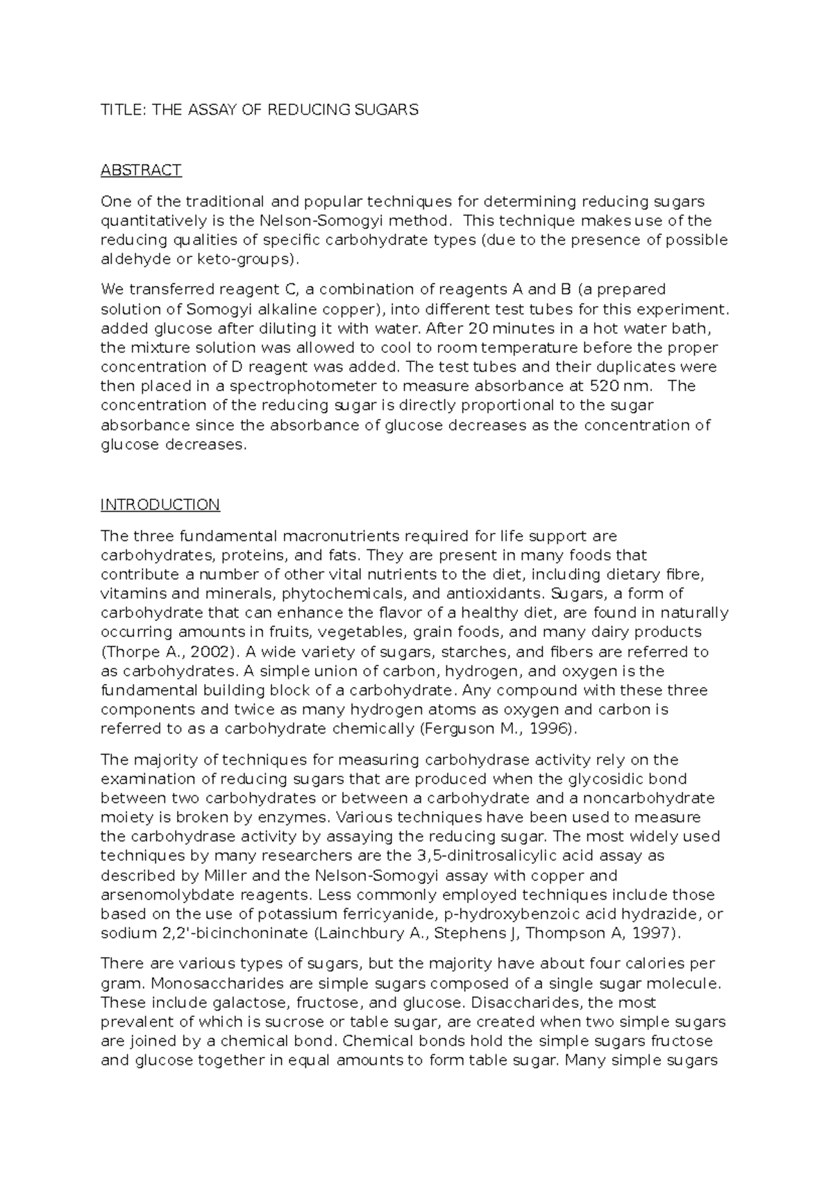 BCH313 PRAC1 - Analysis of Reducing Sugars via Nelson-Somogyi Method ...