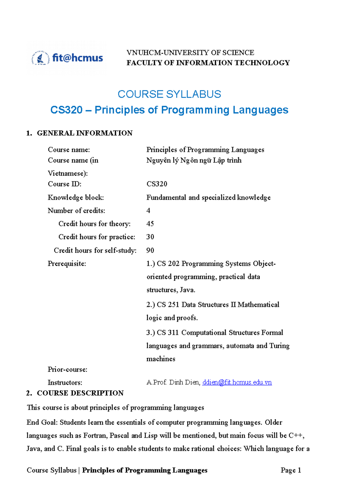 CS320 - Principles of Programming Languages Course Syllabus - Studocu