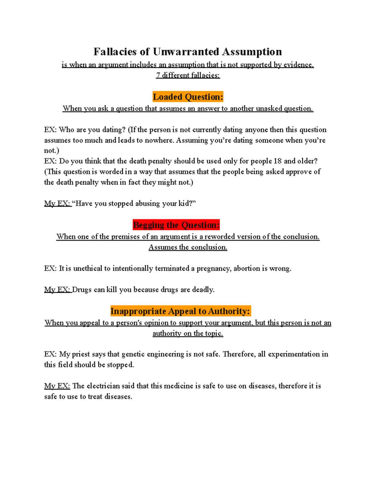 Fallacies of Unwarranted Assumption - 7 different fallacies: Loaded ...