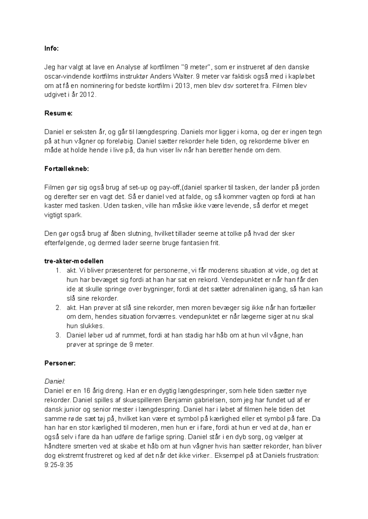 Analyse af kortfilmen '9 meter' - Dansk Synopsis & Temaer - Studocu