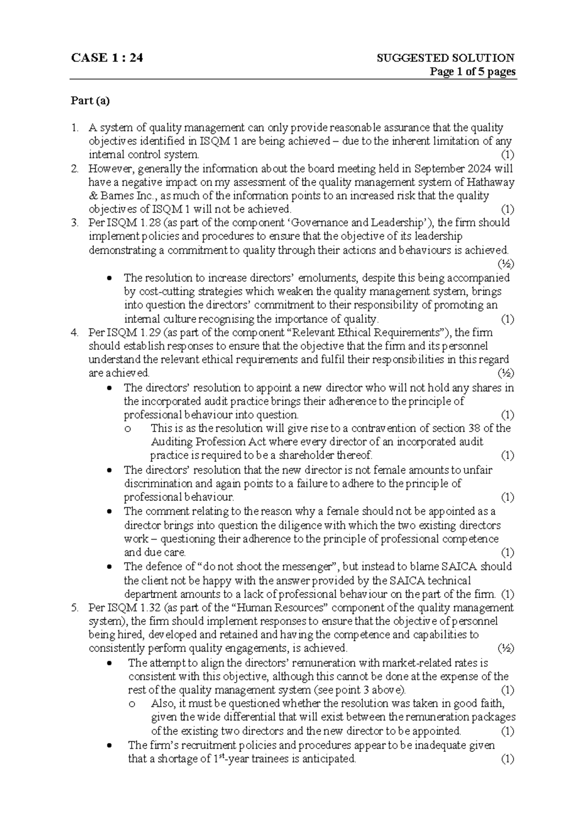 ISQM 1 Case Study: Suggested Solutions and Analysis - Studocu