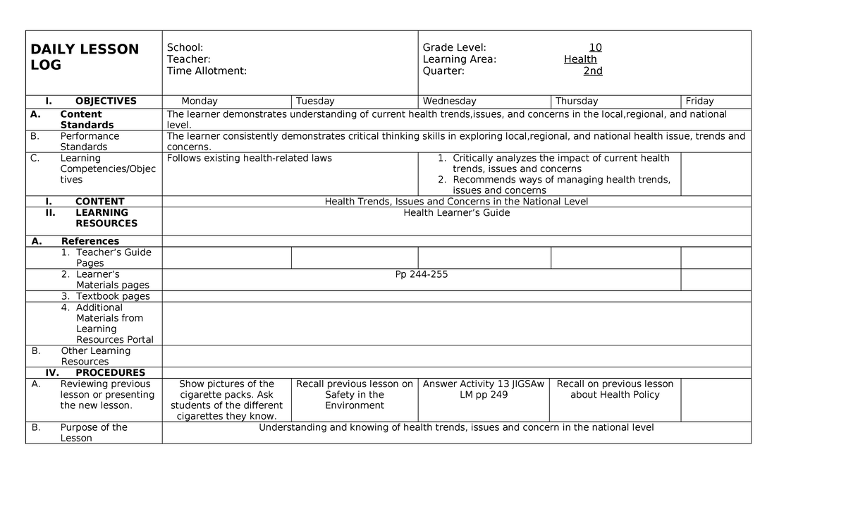 Health 2Qb - for educational purposes - DAILY LESSON LOG School ...