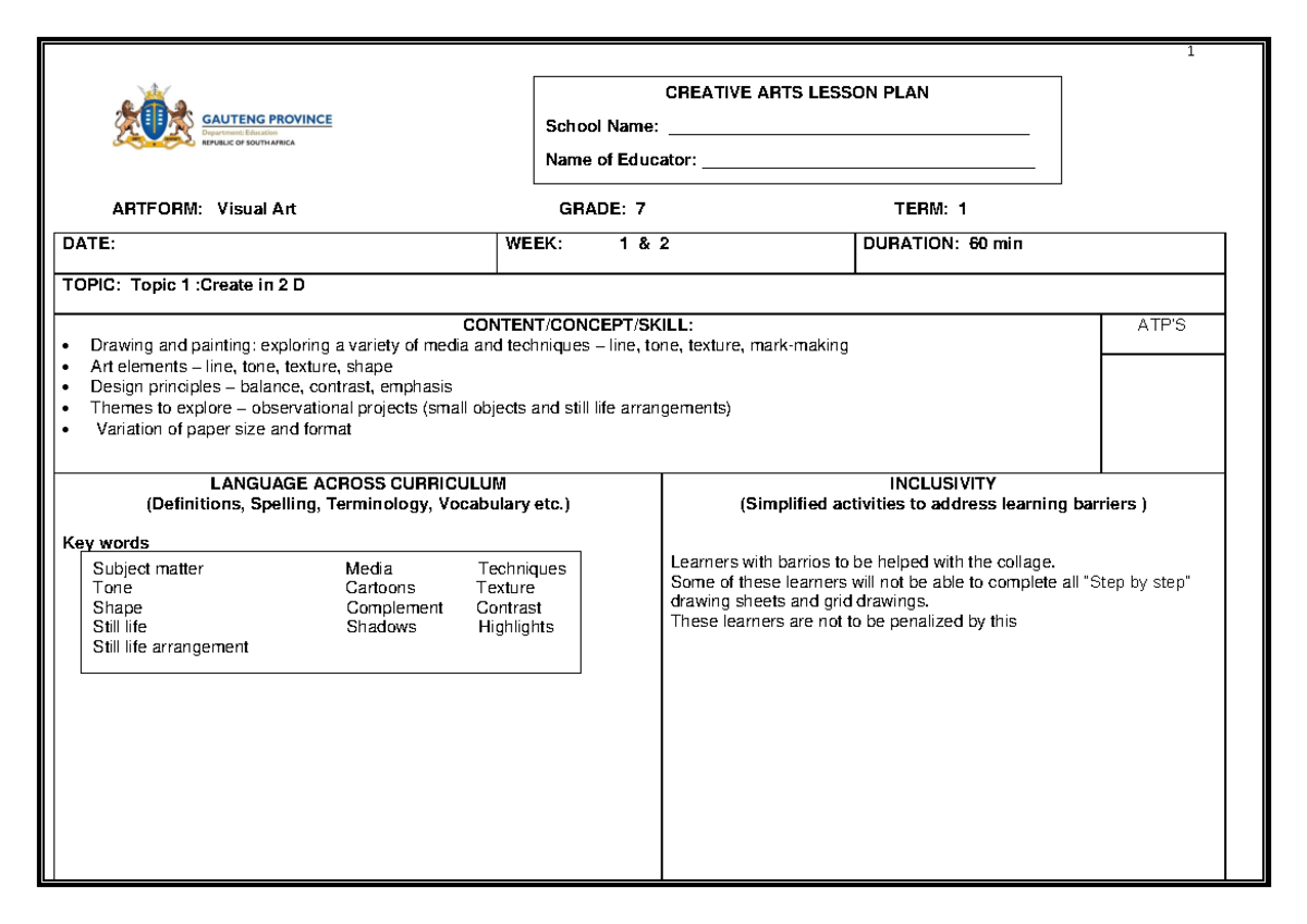 Visual Art Grade 7 Term 1 Weeks 1-10 Lesson Plans & Activities - Studocu