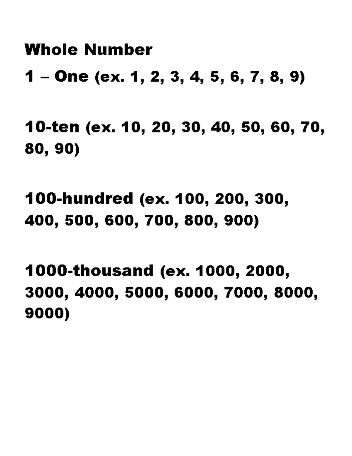 Whole Numbers Exercises: Matching, Reading, and Writing (Math 101 ...