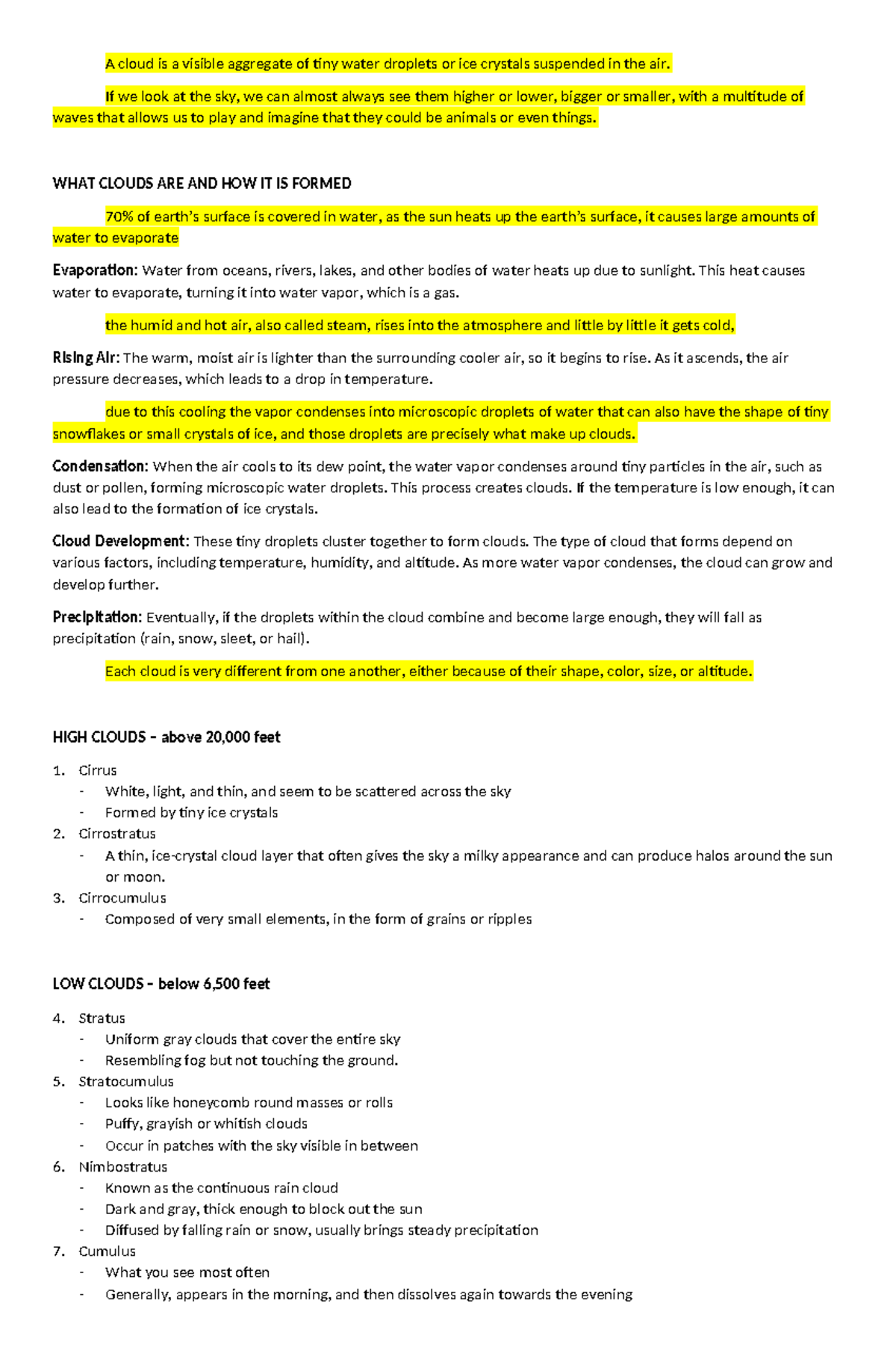 Understanding Clouds: Formation, Types, and Characteristics - Studocu